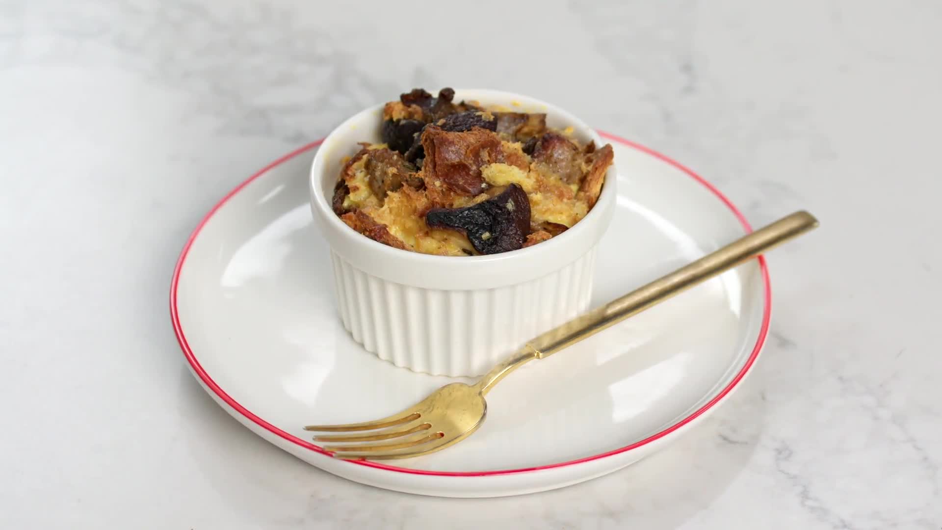 Watch Mini Mushroom, Sausage and Gruyere Strata | Bon Appétit