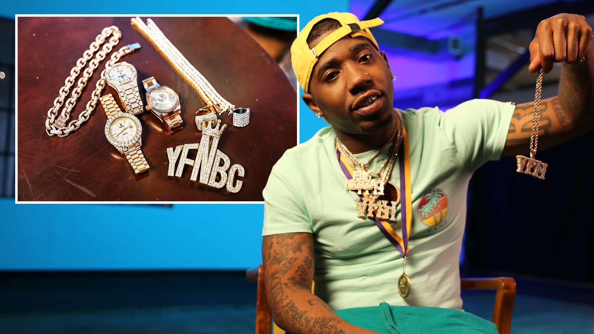 Watch YFN Lucci Shows Off His Insane Jewelry Collection | On The Rocks | GQ