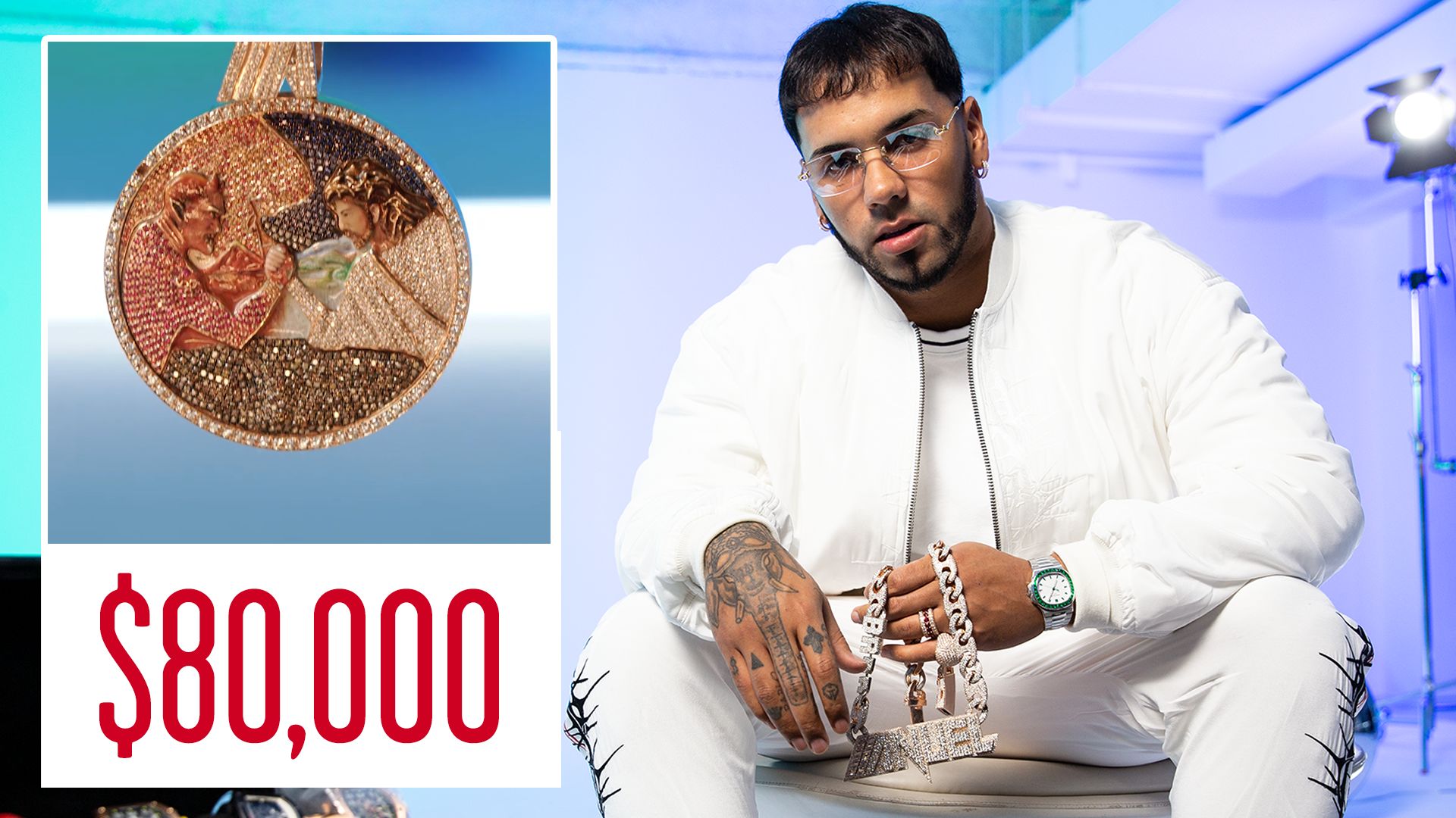 Watch Anuel AA Shows Off His Insane Jewelry Collection | On The Rocks | GQ
